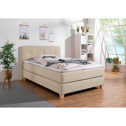 Boxspringbett Home Affaire "Fargo", beige, B:133cm L:207cm, Struktur fein (100% Polyester);Samtstoff (100% Polyester), Komplettbetten, Boxspringbett, inkl. Topper, in 3 Matratzenarten, in Samt- oder Strukturstoff
