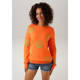 Strickpullover Aniston CASUAL, Damen, Gr. 38, bunt (orange, apfelgr&uuml;n), Feinstrick, Obermaterial: 100% Baumwolle, gemustert, figurumspielend h&uuml;ftbedeckend, Rundhals, Rippstrickb&uuml;ndchen, Pullover Strickpullover, mit eingestrickten Smileys, Topseller