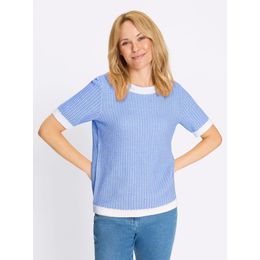 Kurzarmpullover Classic Basics "Pullover", Damen, Gr. 56, himmelblau, ecru, gemustert, 100% Baumwolle, gemustert, mehrfarbig, Pullover Kurzarmpullover