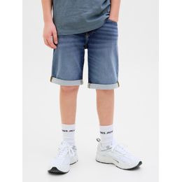 Jack & Jones Shorts JACK & JONES JUNIOR "JJIRICK elastisch und pflegeleicht f&uuml;r Alltag", Jungen, Gr. 164, N-Gr, blau (blau denim), Web, Obermaterial: 48% Baumwolle, 26% Viskose, 25% Polyester, 1% Elasthan, unifarben, regular fit knielang, Hosen Shorts, unifarben, modisch, regular fit, Web