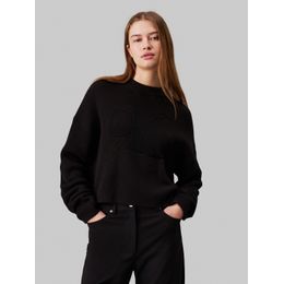 Stehkragenpullover Calvin Klein Jeans "LOGO INTARSIA REGULAR SWEATER", Damen, Gr. XS (34), schwarz (ck schwarz), Strick, Obermaterial: 67% Baumwolle, 17% Polyamid, 13% Polyacryl, 3% Elasthan, unifarben, regular fit, Rundhals, Pullover Stehkragenpullover, mit Logostickerei