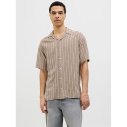 Jack & Jones Kurzarmhemd JACK & JONES "JJEENZO STRIPE RESORT SHIRT SS SN", Herren, Gr. M, N-Gr, beige (crockery), Web, Obermaterial: 100% Baumwolle, gestreift, relaxed fit taillenbedeckt, ohne Ausschnitt, gerader Abschluss, Hemden Kurzarmhemd, mit Streifen Muster
