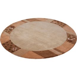 Wollteppich Theko "Royal Ganges" Gr. 9, beige (creme), H:13mm &Oslash;:200cm, Viskose, Wolle, Teppiche, Wollteppich, reine Wolle, mit Bord&uuml;re, ideal im Wohnzimmer & Schlafzimmer