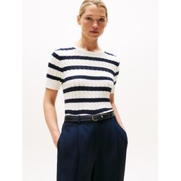 Kurzarmpullover Tommy Hilfiger "CO CABLE MID GG S/S C-NK SWT", Damen, Gr. M (38), ivory silk, schwarz night navy stp, Strick, Obermaterial: 100% Baumwolle, gestreift, regular fit normal, Rundhals, Pullover Kurzarmpullover, mit Zopfmuster