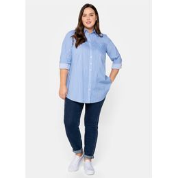 Longbluse sheego, Damen, Gr. 40, blau (mittelblau), 70% Baumwolle, 27% Polyamid, 3% Elasthan, gemustert, gestreift, mehrfarbig, unifarben, Blusen Longbluse