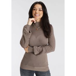 Stehkragenpullover Melrose, Damen, Gr. 34, grau (taupe), Feinstrick, Obermaterial: 70% Viskose, 30% Polyamid, sehr figurbetont h&uuml;ftlang, hoch geschlossener Ausschnitt, extrabreites B&uuml;ndchen, Pullover Stehkragenpullover, mit Ajourstrick und vulomin&ouml;sen &Auml;rmeln