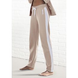 Loungehose BENCH. LOUNGEWEAR, Damen, Gr. 36/38, N-Gr, beige (beige, wei&szlig;), Jersey, Obermaterial: 60% Baumwolle, 40% Polyester, unifarben mit Farbeinsatz, bequem lang, Hosen Loungehose, mit Seitenstreifen und geradem Bein, Loungewear, Topseller