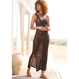 Strickkleid Lascana, Damen, Gr. 44, N-Gr, braun, Strick, Obermaterial: 100% Polyacryl, unifarben, figurbetont kniebedeckend, tiefer V-Ausschnitt, Kleider Strickkleid, mit Ajourmuster, transparentes Strandkleid, elegant