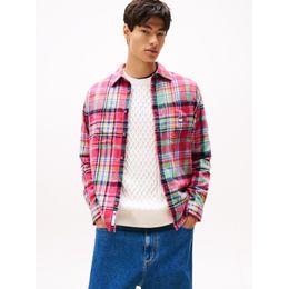 Hemdjacke Tommy Jeans "TJM UTILITY FLANNEL OVERSHIRT", Herren, Gr. 3XL, vintage cerise, big check, Flanell, Obermaterial: 100% Baumwolle, kariert, normal, 1-Knopf-Manschette, Jacken Hemdjacke, Oversized Fit, Baumwolle