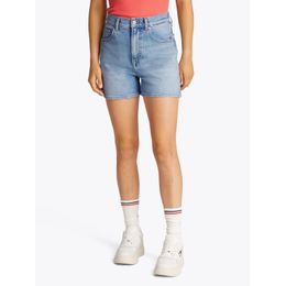 Shorts Tommy Jeans "MOM SHORT BI0112", Damen, Gr. 30, N-Gr, blau (denim light), Denim/Jeans, Obermaterial: 81% Baumwolle, 18% Lyocell, 1% Elasthan, unifarben, normal kurz, Hosen Shorts, mit Logo-Badge, in blauer Waschung