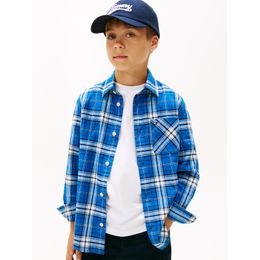 Langarmhemd Tommy Hilfiger "TOMMY GRAPHIC CHECK SHIRT", Jungen, Gr. 4 (104), N-Gr, blau (blau check), Web, Obermaterial: 98% Baumwolle, 2% Elasthan, gemustert, kariert, mehrfarbig, regular fit normal, Rundhals, eingesetzt 1-Knopf-Manschette mit Schlitz, Hemden Langarmhemd, Kinder bis 16 Jahre, Druck