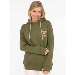 Hoodie Zwillingsherz "Wild at heart", Damen, Gr. L/XL, gr&uuml;n (khaki), angeraute Sweatware, Obermaterial: 50% Baumwolle, 50% Polyester, mehrfarbig, Sweatshirts Hoodie, Leo Kapuze und Stickerei, bedruckter Kordelzug, gestrickte B&uuml;ndchen