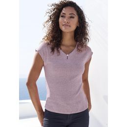 Kurzarmshirt Lascana "mit Strassknopf in Bl&uuml;tenform", Damen, Gr. 44/46, lila (flieder), Strick, Obermaterial: 85% Viskose (LENZING&trade; ECOVERO&trade;), 15% Polyester, Strukturmuster, unifarben, bequem, V-Ausschnitt, Shirts Kurzarmshirt, aus leichtem Feinstrick in Melange Optik, Topseller
