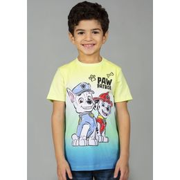 Kurzarmshirt PAW PATROL "PAW PATROL", Jungen, Gr. 116, bunt (sunny life), Jersey, Obermaterial: 100% Baumwolle, Basic, regular fit h&uuml;ftbedeckend, Rundhals, abgesteppte Kante, Shirts Kurzarmshirt, mit gro&szlig;em Frontmotiv