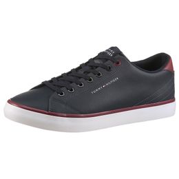 Sneaker Tommy Hilfiger "TH HI VULC CORE LOW LEATHER", Herren, Gr. 46, blau (dunkelblau), Leder, Lederimitat, unifarben mit Farbeinsatz, Schuhe Sneaker, Freizeitschuh, Halbschuh, Schn&uuml;rer mit gepolstertem Schaftrand