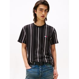T-Shirt Tommy Jeans "TJM REG VERT STRIPE SS TEE", Herren, Gr. M, schwarz (schwarz stripe), Single Jersey, Obermaterial: 100% Baumwolle, gestreift, Rundhals, Shirts T-Shirt, modisch gestreift