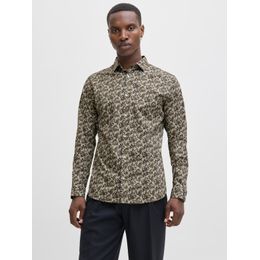Jack & Jones Langarmhemd JACK & JONES "JPRBLABLACKPOOL STRETCH AOP LS SHIRT SN", Herren, Gr. XL, N-Gr, beech, Web, Obermaterial: 96% Baumwolle, 4% Elasthan, slim fit, Hemden Langarmhemd