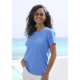 Beach Time T-Shirt BEACHTIME "mit modischem Schlitz am Saum", Damen, Gr. 48/50, blau (hellblau), Single Jersey, Obermaterial: 100% Baumwolle, unifarben, Basic, figurumspielend, Rundhals, Shirts T-Shirt, aus hochwertiger Baumwoll-Qualit&auml;t, Topseller
