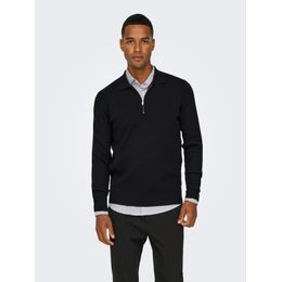 Only & Sons Polokragenpullover ONLY & SONS "ONSCOOPER REG LS 12 HALF ZIP POLO", Herren, Gr. M, schwarz, Strick, Obermaterial: 52% Viskose, 28% Polyester, 20% Nylon, unifarben, normal normal, Rundhals, gerader Abschluss, Pullover Polokragenpullover