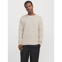 Jack & Jones Rundhalspullover JACK & JONES "JJESUMMER KNIT CREW NECK SN", Herren, Gr. XS, wei&szlig; (crockery detail:with wei&szlig;), Strick, Obermaterial: 90% Baumwolle, 10% Leinen, meliert, regular fit taillenbedeckt, Rundhals, gerader Abschluss, Pullover Rundhalspullover, mit Rundhalsausschnitt