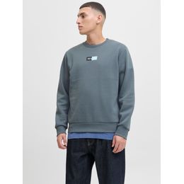 Jack & Jones Sweater JACK & JONES "JJPAN SWEAT CREW NECK", Herren, Gr. S, stormy weather, angeraute Sweatware, Obermaterial: 60% Baumwolle, 40% Polyester, bedruckt, regular fit, Rundhals, Rippb&uuml;ndchen, Sweatshirts Sweater