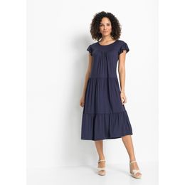 Midikleid bonprix, Damen, Gr. 44/46 (L), N-Gr, blau (dunkelblau), Obermaterial: 95% Viskose, 5% Elasthan, A-Linie, Kleider Midikleid, f&uuml;r den Alltag, aus Viskose, A-Linie, mit Knopfverschluss im Nacken