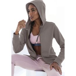 Kapuzensweatjacke BENCH. LOUNGEWEAR, Damen, Gr. 36/38, grau (taupe), Sweatware, Obermaterial: 60% Baumwolle, 40% Polyester, bestickt, unifarben, Basic, bequem h&uuml;ftlang, breiter Bund, Sweatjacken Kapuzensweatjacke, mit Logo und K&auml;ngurutasche, Loungewear, Topseller