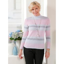 Stehkragenpullover CLASSIC "Stehkragen-Pullover", Damen, Gr. 50, rosa (hortensie, hellgrau, gemustert), 58% Baumwolle, 39% Polyester, 3% metallisierte Fasern, gemustert, mehrfarbig, Pullover Stehkragenpullover