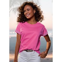 Kurzarmshirt Lascana "mit glitzernem Strass-Design am Arm", Damen, Gr. 32/34, pink, Single Jersey, Obermaterial: 100% Baumwolle, unifarben, figurumspielend, Rundhals, Shirts Kurzarmshirt, aus weicher Baumwoll-Qualit&auml;t