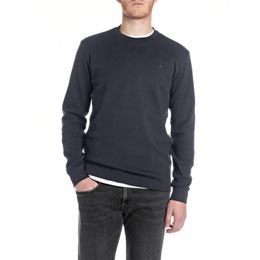 Longsleeve Replay, Herren, Gr. XL, night blau, Strick, Obermaterial: 100% Baumwolle, unifarben, regular fit normal, Rundhals, breiter Bund, Shirts Longsleeve, Regular Fit, Rundhalsform