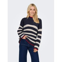 Strickpullover Only "ONLKATIA LS RIB HIGHNECK CC KNT", Damen, Gr. S, wei&szlig; (night sky stripes:wei&szlig;cap grau, salsa), Strick, Obermaterial: 50% Viskose, 27% Nylon, 23% Polyester, gestreift, regular fit, Pullover Strickpullover