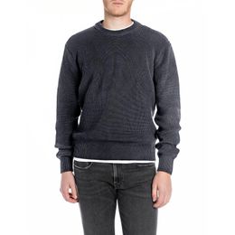 Strickpullover Replay, Herren, Gr. L, blau (night blau), Strick, Obermaterial: 100% Baumwolle, unifarben, regular fit normal, Rundhals, Rippstrickb&uuml;ndchen, Pullover Strickpullover, mit Rundhals