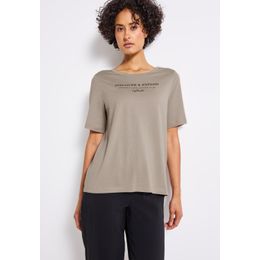 T-Shirt Street One, Damen, Gr. 34, beige (morning beige), Jersey, Obermaterial: 50% Baumwolle, 50% Modal, bedruckt, regular fit taillenbedeckt, U-Boot-Ausschnitt, gerader Abschluss, Shirts T-Shirt, mit Schriftzug, Topseller