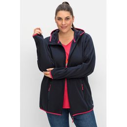 Fleecejacke sheego, Damen, Gr. 40/42, blau (tiefblau), 75% Polyester, 20% Baumwolle, 5% Elasthan, unifarben, Jacken Fleecejacke