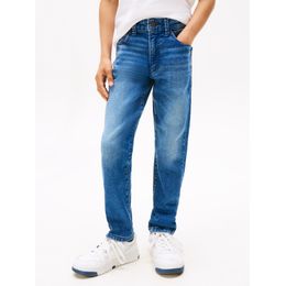 Straight-Jeans Tommy Hilfiger "MODERN STRAIGHT", Jungen, Gr. 5 (110), N-Gr, blau (mid blau), Denim/Jeans, Obermaterial: 98% Baumwolle, 2% Elasthan, regular fit lang, Jeans Straight-Jeans, f&uuml;r Kinder bis 16 Jahre, in heller Waschung