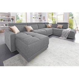 Wohnlandschaft DOMO collection "Ava moderne Sitzheftung mit toller Doppelnaht, komfortabel, U-Form", grau, B:351cm H:84cm T:222cm, Zierkissen: Microfaser PRIMABELLE (100% Polyester);Struktur (100% Polyester);Microfaser PRIMABELLE (100% Polyester);Kunstleder SOFTLUX;Struktur fein (100% Polyester), Sofas, Wohnlandschaft, mit Federkern, wahlweise mit Kopfteilverstellungen