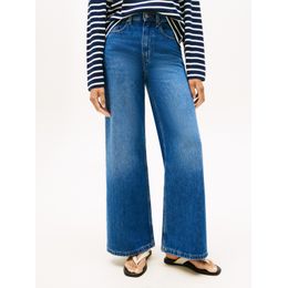 High-waist-Jeans Tommy Hilfiger "DNM FLO WIDE LEG HW", Damen, Gr. 34, L&auml;nge 32, blau (mid blau), Denim/Jeans, Obermaterial: 100% Baumwolle, unifarben, weit, Jeans High-waist-Jeans