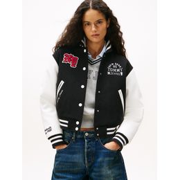 Collegejacke Tommy Jeans "TJW WOOL VARSITY JACKET", Damen, Gr. XL (42), schwarz, Web, Obermaterial: 70% Polyester, 30% Wolle, bestickt, regular fit, Rippb&uuml;ndchen, Jacken Collegejacke, mit Wolle