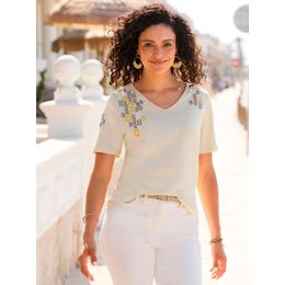 Kurzarmshirt Inspirationen "V-Shirt", Damen, Gr. 50, beige (sand), 100% Baumwolle, gemustert, unifarben, V-Ausschnitt, Shirts Kurzarmshirt