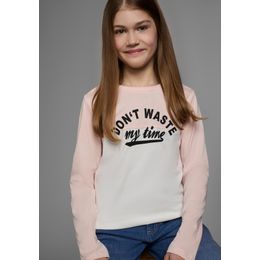Langarmshirt Kidsworld "Mit Spr&uuml;che-Druck: Don&acute;t waste my time", M&auml;dchen, Gr. 176/182, wei&szlig; (rosa, naturwei&szlig;), Single Jersey, Obermaterial: 100% Baumwolle, bedruckt, mehrfarbig, Basic h&uuml;ftlang, Rundhals, abgesteppte Kante, Shirts Langarmshirt, Langarm, Basic-Passform, Colourblocking-Optik, Rundhalsausschnitt