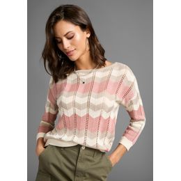 Strickpullover Laura Scott, Damen, Gr. 40/42, beige, wei&szlig;, rosa, gestreift, Feinstrick, Obermaterial: 50% Baumwolle, 50% Polyacryl, figurumspielend taillenbedeckt, U-Boot-Ausschnitt, Pullover Strickpullover, mit Ajourstrickmuster und 3/4 &Auml;rmeln, Topseller
