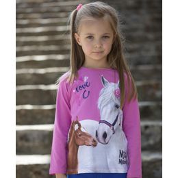 Langarmshirt Miss Melody, M&auml;dchen, Gr. 128, pink (super pink), Single Jersey, Obermaterial: 95% Baumwolle, 5% Elasthan, bedruckt, h&uuml;ftbedeckend, Rundhals, abgesteppte Kante, Shirts Langarmshirt, mit gro&szlig;em Pferde-Frontmotiv