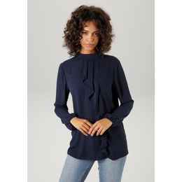 Langarmbluse Aniston CASUAL, Damen, Gr. 34, blau (marine), Georgette, Obermaterial: 100% Polyester, unifarben, figurumspielend Po-bedeckend, elastischer Bund mit Gummizug, Blusen Langarmbluse, mit kleinem Volant im Vorderteil
