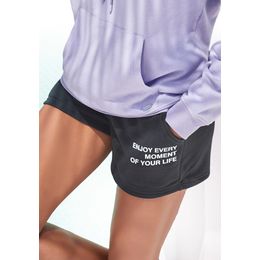 Sweatshorts Buffalo, Damen, Gr. 40/42, N-Gr, schwarz, angeraute Sweatware, Obermaterial: 60% Baumwolle, 40% Polyester, unifarben, bequem kurz, Hosen Sweatshorts, mit Statement Druck, Loungewear