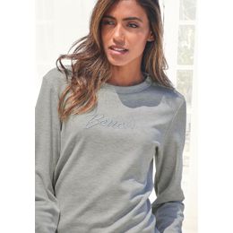 Sweatshirt BENCH. LOUNGEWEAR, Damen, Gr. 40/42, grau (hellgrau, meliert), Interlock, Graumeliert (Obermaterial): 90% Baumwolle, 10% Polyester, meliert, Basic, Basic schmal normal, Rundhals, B&uuml;ndchen, Sweatshirts Sweatshirt, mit Logostickerei, Loungewear, Topseller