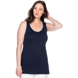 Tanktop sheego, Damen, Gr. 52, blau (marine), 100% Baumwolle, unifarben, V-Ausschnitt, Tops Tanktop