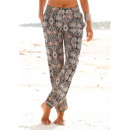 Strandhose s.Oliver, Damen, Gr. 46, N-Gr, blau (marine, bedruckt), Jersey, Obermaterial: 100% Viskose, figurumspielend lang, Hosen Strandhose, mit Alloverprint und Taschen, Stoffhose, Sommerhose, elastisch