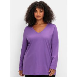 V-Shirt sheego "Langarmshirt", Damen, Gr. 52/54, lila, 100% Baumwolle, unifarben, V-Ausschnitt, Shirts V-Shirt