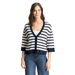 Cardigan Tom Tailor, Damen, Gr. XS, wei&szlig; sky blau knit stripe, Strick, Obermaterial: 85% Viskose, 15% sonstige Fasern, gestreift, loose fit normal, V-Ausschnitt, Strickjacken Cardigan, mit Streifen Muster