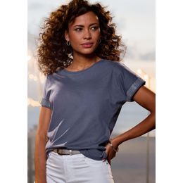 Kurzarmshirt Lascana "mit glitzernem Strass-Design am Arm", Damen, Gr. 40/42, blau (navy), Single Jersey, Obermaterial: 100% Baumwolle, unifarben, figurumspielend, Rundhals, Shirts Kurzarmshirt, aus weicher Baumwoll-Qualit&auml;t, Topseller
